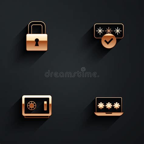 Set Lock Password Protection Safe And Laptop With Password Icon With Long Shadow Vector Stock
