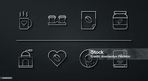 세트 라인 커피 컵과 하트 수동 커피 그라인더 항아리 병 달콤한 유약을 바른 도넛 연인 갈 것 책과 포스터 아이콘 벡터 검은색에 대한 스톡 벡터 아트 및 기타 이미지