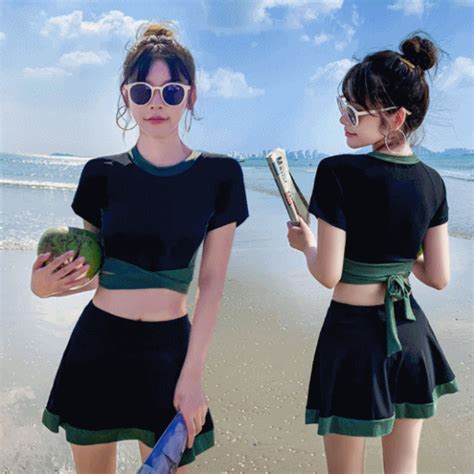 [체형커버 투피스] 배색 크로스라인 커버업 비키니 모노키니 수영복세트 치마바지 레쉬가드 세트 비치웨어 에이블리