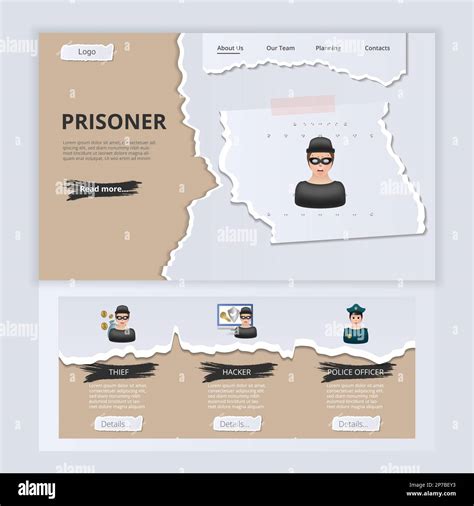 Prisoner Flat Landing Page Website Template Thief Hacker Police Officer Web Banner With