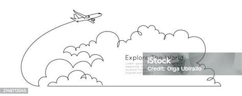 하늘의 구름 속의 비행기 경로를 하나의 연속 선화로 표현합니다 단순한 선형 스타일의 세계 여행 및 국제 항공 항공사의 비즈니스 개념 편집 가능한 획 벡터 일러스트 레이 션
