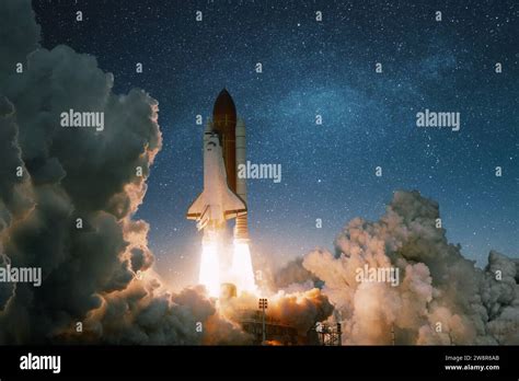 New Ship Rocket Flies To Mars Planet Spaceship Shuttle With Blast And Smoke Takes Off Into The