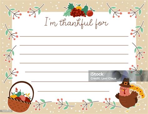 벡터 추수 감사절 카드 귀여운 칠면조 사과 과일 수확 바구니와 수평 문자 템플릿에 대한 감사 아이들을위한 가을 휴가 프레임 디자인 0명에 대한 스톡 벡터 아트 및 기타