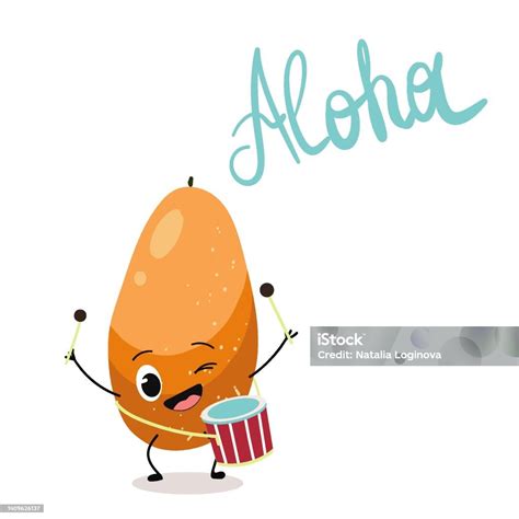 벡터 일러스트 레이 션 캐릭터 만화 재미있는 바나나 빨간 치마와 모자를 착용 알로하 레터링 여름 분위기 재미있는 과일 유기농 아기 개념 여름을위한 인쇄 디자인 0명에 대한