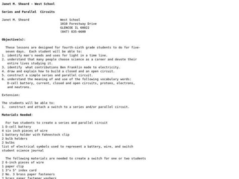 Series And Parallel Circuits Lesson Plan For 4th Grade Lesson Planet