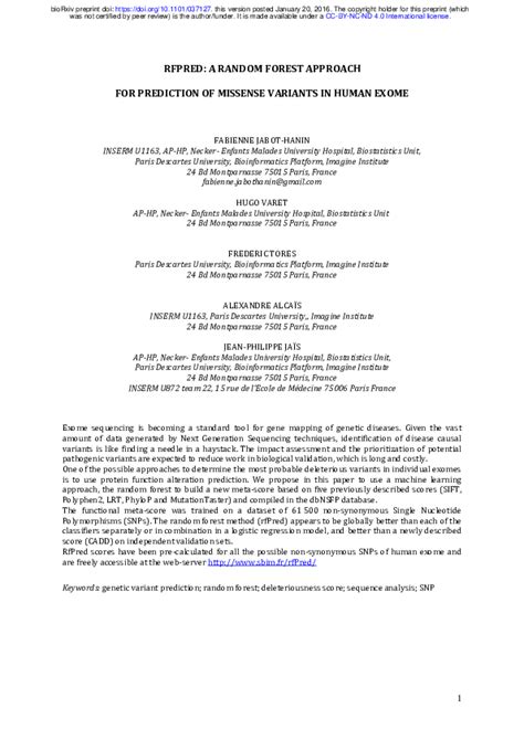 Pdf Rfpred A Random Forest Approach For Prediction Of Missense