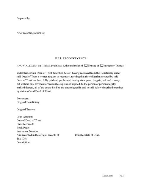Utah Full Reconveyance For Deed Of Trust Form Download