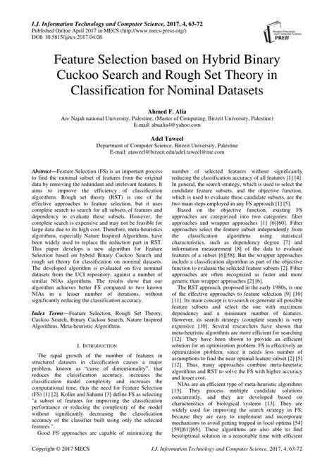Pdf Feature Selection Based On Hybrid Binary Cuckoo Search And Rough