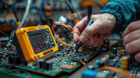 Technician Performing Detailed Macro Testing On Electronic Circuit Board In Laboratory Setting