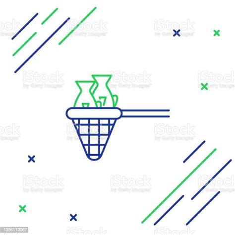 흰색 배경에 고립 된 물고기 아이콘과 파란색과 녹색 라인 낚시 그물 다채로운 개요 개념 벡터 일러스트레이션 그물망에 대한 스톡