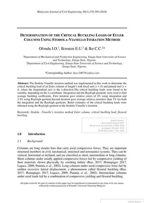 Pdf Determination Of The Critical Buckling Loads Of Euler Columns Using Stodola Vianello