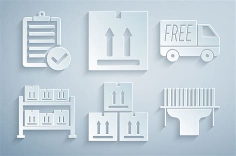 트래픽 무료 배송 서비스 창고 스캐너 스캔 바코드 및 목록 아이콘 확인이 있는 판지 상자를 설정합니다 벡터 3차원 형태에 대한 스톡 벡터 아트 및 기타 이미지 Istock