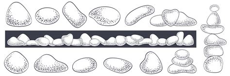 자갈 돌 벡터 세트 바다 또는 강 자갈 다른 모양 피라미드 흰색 배경에 고립 검은 윤곽선과 점 텍스처 손으로 그린 스케치 자연 디자인 해저 스파 일러스트레이션 0명에 대한