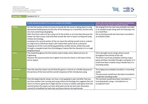 Ig1 Task 2 Analysis Work Sheet Resident Evil Ppt