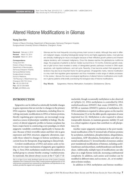 Pdf Altered Histone Modifications In Gliomas