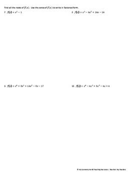 Precalculus Worksheet All Zeros Of Polynomial Functions By My Geometry World