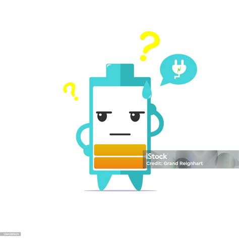 귀여운 배터리 수명 캐릭터는 흰색 배경에 고립 된 충전기의 혼란 원인을 얻었다 배터리 수명 캐릭터 이모티콘 일러스트레이션 감정에 대한 스톡 벡터 아트 및 기타 이미지