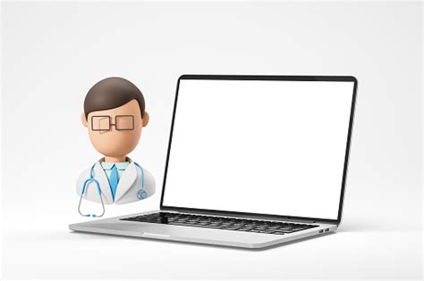 안경과 청진기가 있는 3d 만화 의사 그림은 의료 기술 개념에 대한 밝은 배경에 빈 흰색 화면이 있는 열린 노트북 옆에 서 있습니다 3d 렌더링 3차원 형태에 대한 스톡