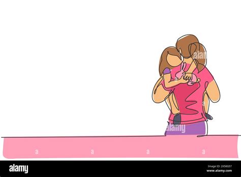 Single Continuous Line Drawing Of Young Mom Hugging Her Sleepy Daughter Who Hold Rabbit Doll Go