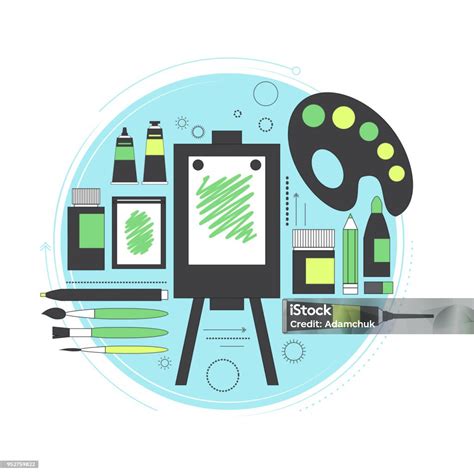 창의적 예술가 대 한 설정입니다 아이디어 창의력 디자인입니다 도구 및 재료 페인트 브러쉬 마커 연필 이 젤 팔레트 라인