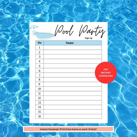 Pool Party Sign Up Sheet Summer Party Sheet Printable Pool Party Up