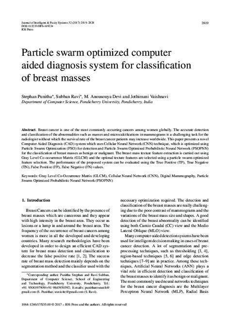 Pdf Particle Swarm Optimized Computer Aided Diagnosis System For Classification Of Breast Masses