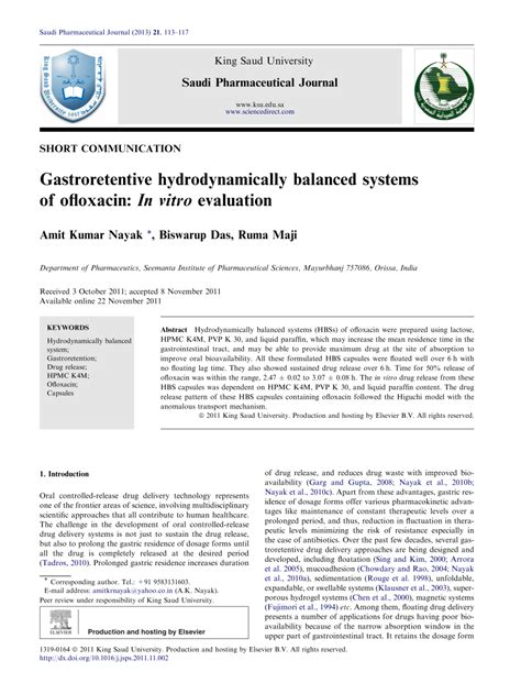 Pdf Gastroretentive Hydrodynamically Balanced Systems Of Ofloxacin In Vitro Evaluation