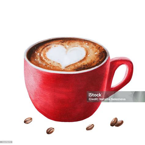 수채화 달콤한 카푸치노 그림 커피가 커피와 함께 도자기 컵에 담겨 있습니다 흰색 고립된 배경에 손으로 그림을 그립니다 디자이너