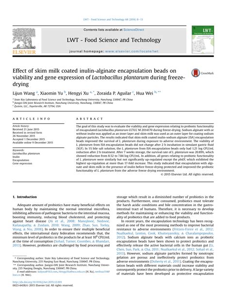 Pdf Effect Of Skim Milk Coated Inulin Alginate Encapsulation Beads On