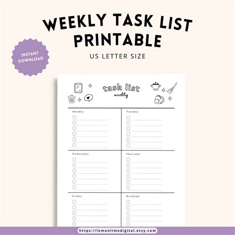 Weekly Task List Printable Five Day Week Combined Weekend Etsy