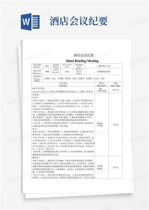 酒店会议纪要 Word模板下载 编号lzjnxnwr 熊猫办公