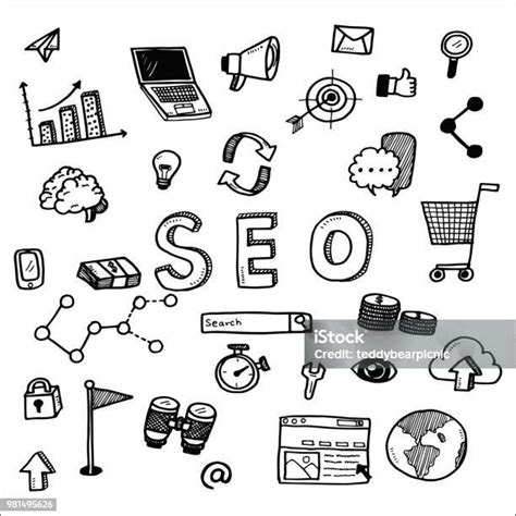 손 그리기 Seo 아이콘 및 혁신 기술에 대 한 흰색 배경 개념에 설정 하는 단어의 종류와 귀여운 낙서 개념에 대한 스톡 벡터 아트 및 기타 이미지 Istock