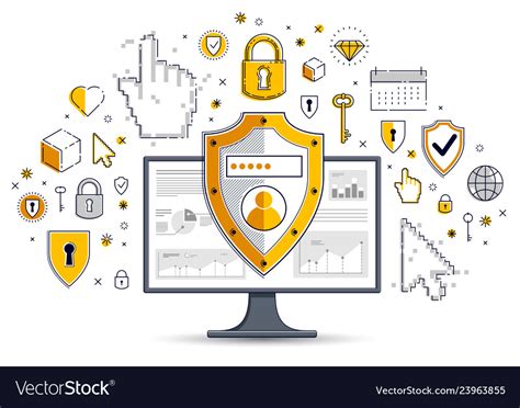Shield Over Computer Monitor And Set Of Icons Vector Image