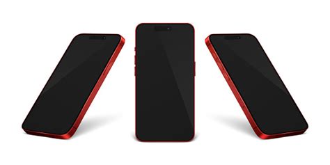 벡터 3d 현실적인 빨간색 현대 스마트폰 디자인 템플릿 세트 흰색 배경에 격리된 근접 촬영 휴대 전화 모형 전화 장치 Ui Ux 전면 전화 반 회전 보기 0명에 대한 스톡