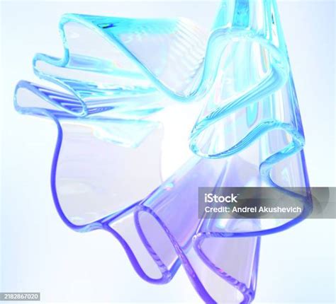 3d 유리 추상 액체 투명 리본 렌더링 벽지 꽃 모양의 반음계 물결 주름 선 무지개 유체 흐름 곡선 형태 청록색 보라색 그라디언트 질감 분산 광 0명에 대한 스톡 사진 및