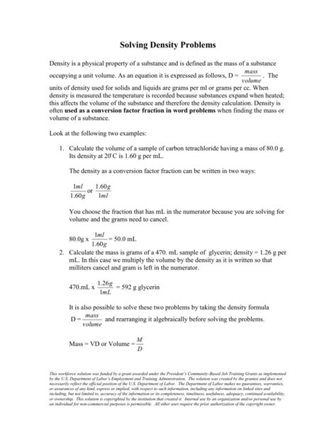 Density Problems Worksheet Practice Solutions