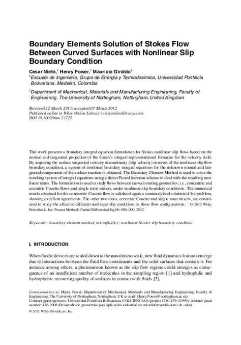 Pdf Boundary Elements Solution Of Stokes Flow Between Curved Surfaces With Nonlinear Slip