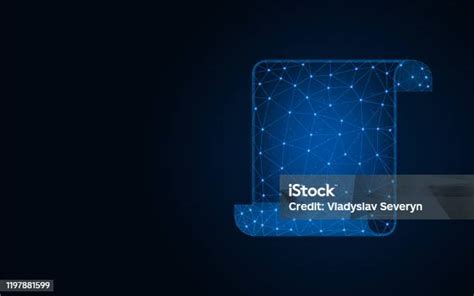 종이 스크롤 낮은 폴리 디자인 어두운 파란색 배경에 포인트와 선으로 만든 와이어 프레임 메쉬 다각형 벡터 그림 문서에 대한 스톡