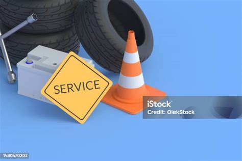 휠 렌치 타이어 배터리 및 콘 근처에 비문 서비스가 있는 도로 표지판 자동차 서비스 자동차 부품 공간을 복사합니다 3d 렌더링