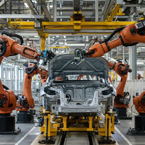 Industrial Robot Arms Assembling Car Body Modern Factory Automation Line Work Grey Metal Plant