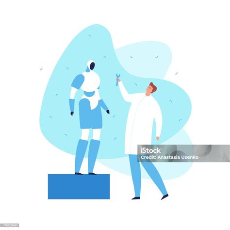 벡터 현대 플랫 로봇 엔지니어 캐릭터 일러스트 레이션 흰색에 고립 된 파란색 모양배경에 렌치와 안드로이드와 남성 미래 엔지니어링의 개념 웹 배너를 위한 디자인 요소 개념에