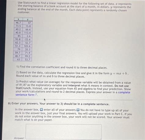 Solved Use Statcrunch To Find A Linear Regression Model For