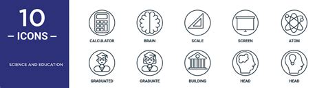 과학 및 교육 개요 아이콘 세트에는 얇은 선 계산기 규모 원자 졸업생 머리 머리 보고서 프리젠 테이션 다이어그램 웹 디자인을위한 졸업 아이콘이 포함됩니다 Dna에 대한 스톡