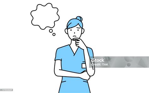 여성 간호사 물리 치료사 작업 치료사 언어 치료사 간호 조수 그녀의 얼굴을 긁으면서 유니폼 생각 여자 간호사에 대한 스톡 벡터 아트 및 기타 이미지 Istock