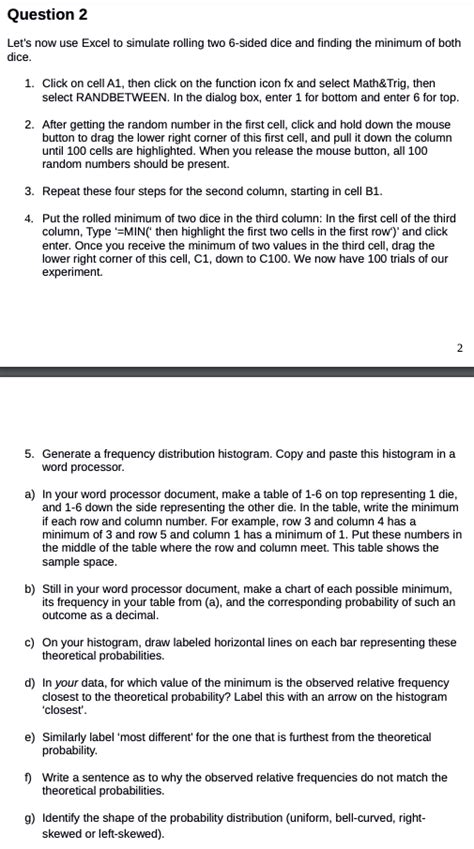 Question 2 Lets Now Use Excel To Simulate Rolling