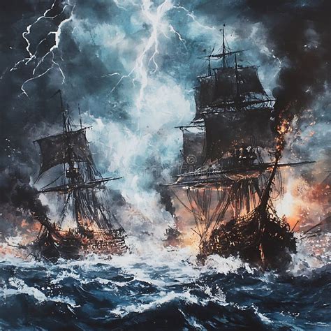 Two Burning Ships Battling In A Stormy Sea Stock Illustration