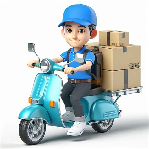 Premium Photo Man Courier Bring Box Package With Scooter Bike Cartoon 3d