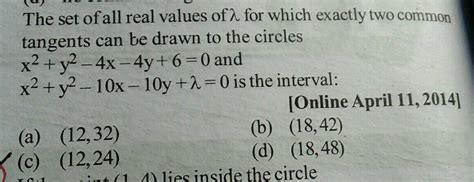 the of all real values of lambda which exactly two tangents can be