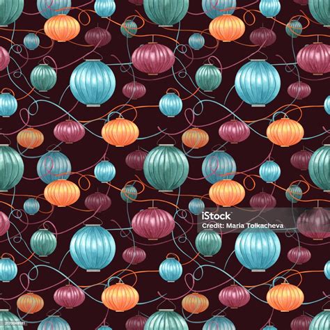 얽힌 리본이 있는 종이 등불이 검은색에 이음매 없는 패턴을 타고 날아갑니다 떠 다니는 컬러 중국어 램프 수채화 그림 빛의 축제 축제 디자인 및 디왈리 축하 행사 가로등에