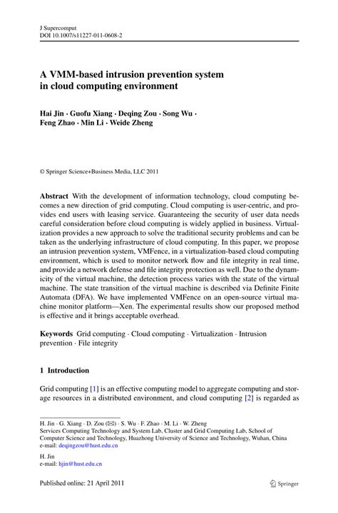 pdf a vmm based intrusion prevention system in cloud computing